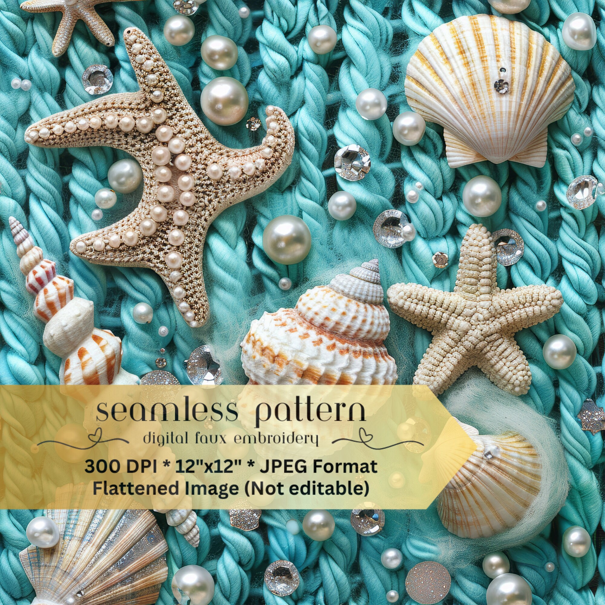 Beach Seashell Seamless Pattern, Beach Seashell Faux Embroidery, Shells ...