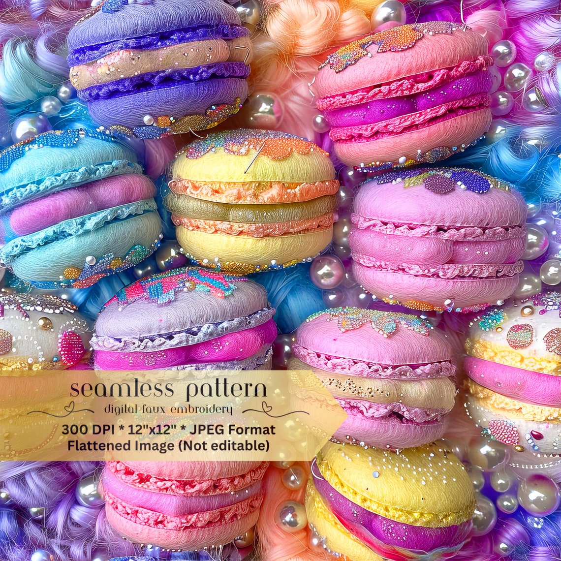 Macarons Seamless Pattern, Macarons Faux Embroidery, Macarons Repeating ...