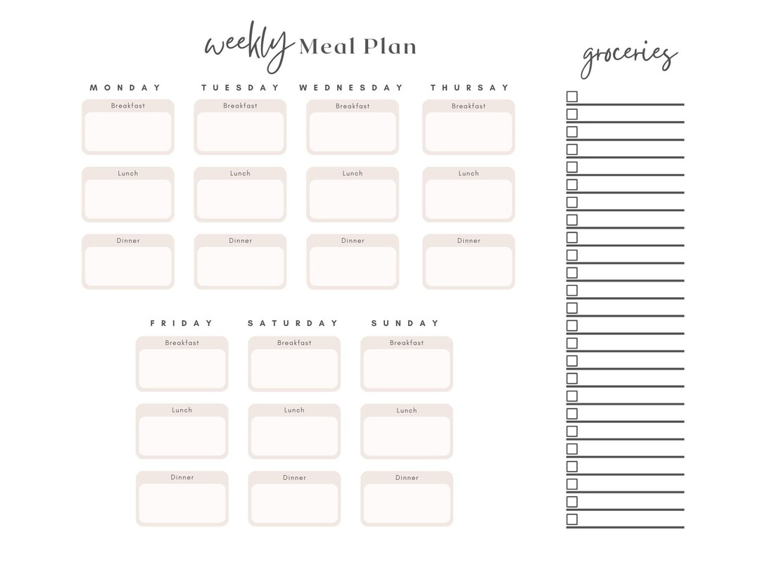 Printable Weekly Meal Planner With Grocery List - Etsy