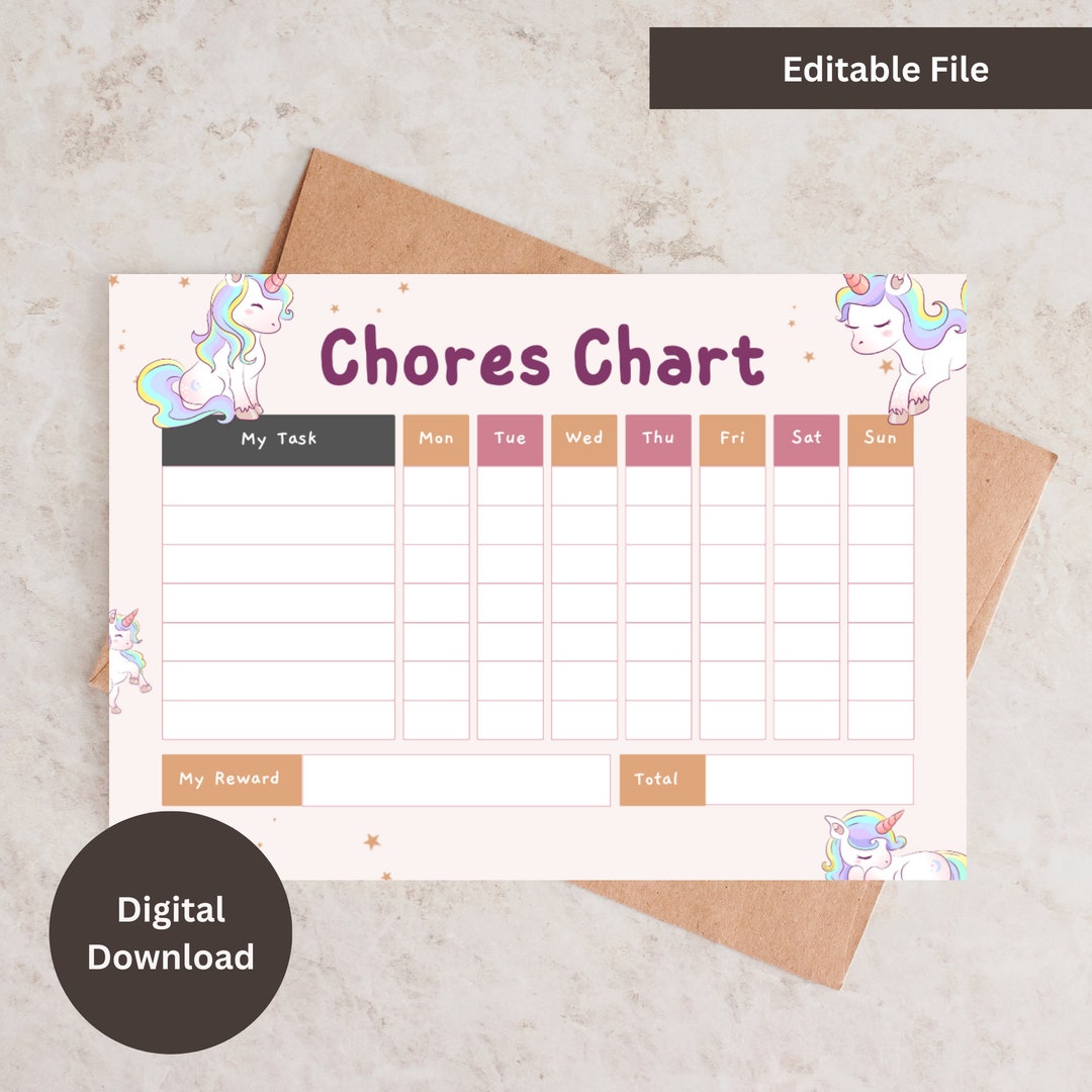 Editable Pink Cute Unicorn Kids Chore Chart, Printable, Editable Chore ...