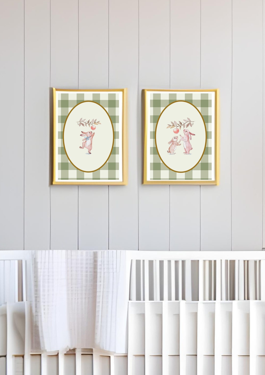 Bunny Rabbit Cottagecore Gingham Green Nursery Prints, Vintage Bunny ...
