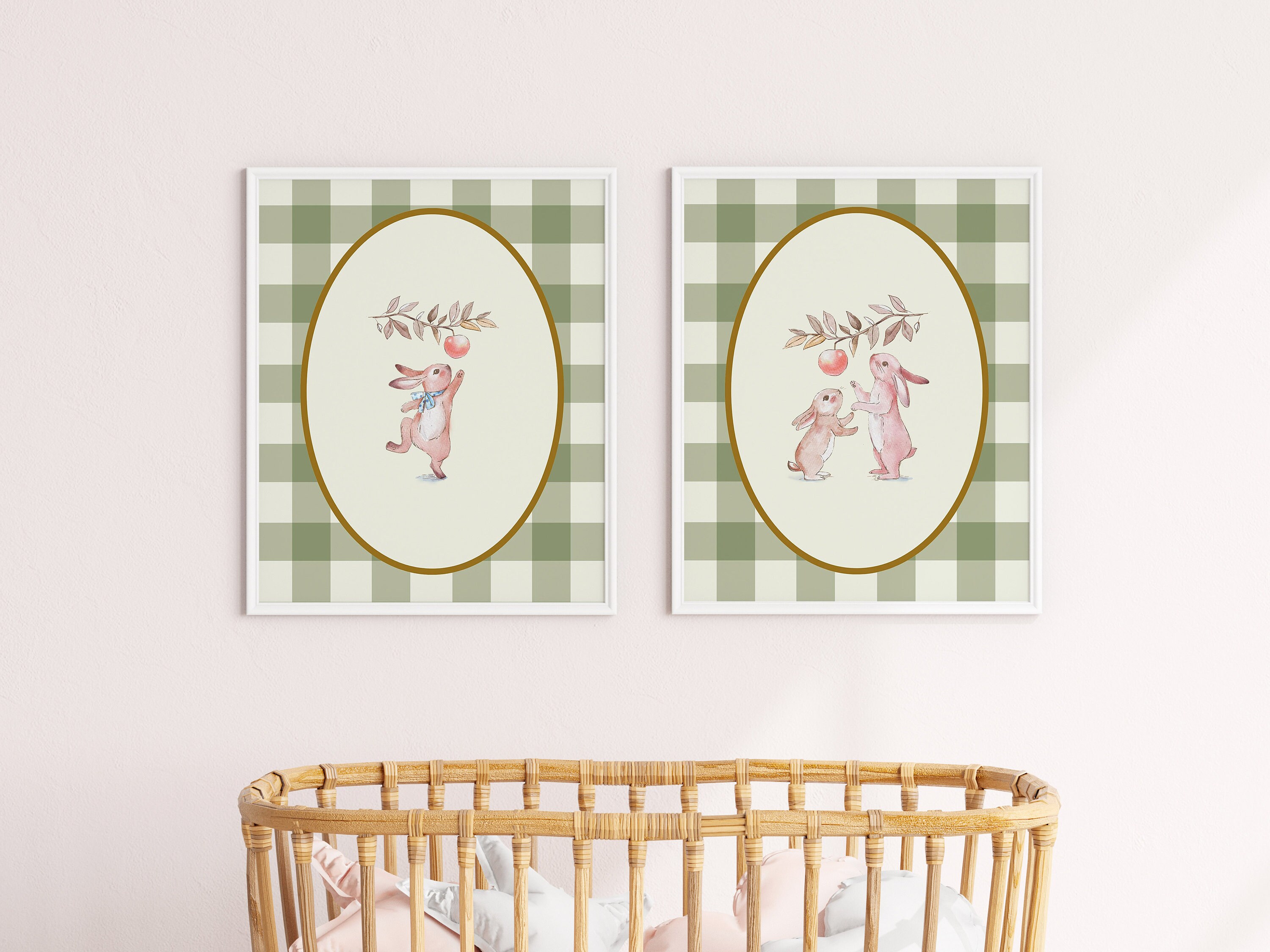 Bunny Rabbit Cottagecore Gingham Green Nursery Print, Vintage Rabbit ...
