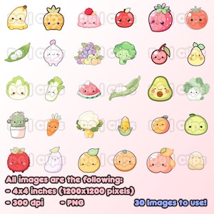 Kawaii Food Clipart, 30 Fruits and Vegetables PNG Bundle, Cute Kawaii ...
