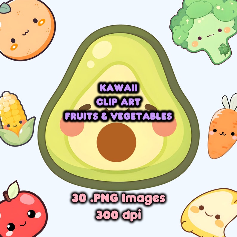 Kawaii Food Clipart, 30 Fruits and Vegetables PNG Bundle, Cute Kawaii ...