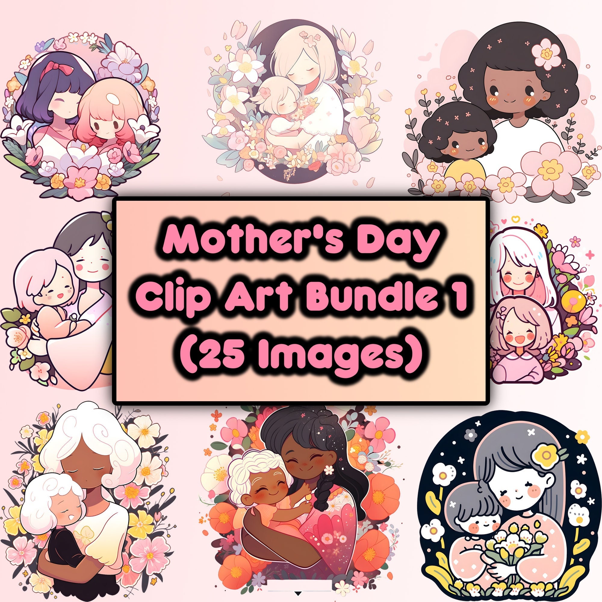 Mother and Daughter Clipart Bundle 1, Cute Kawaii Designs, Mother's Day ...