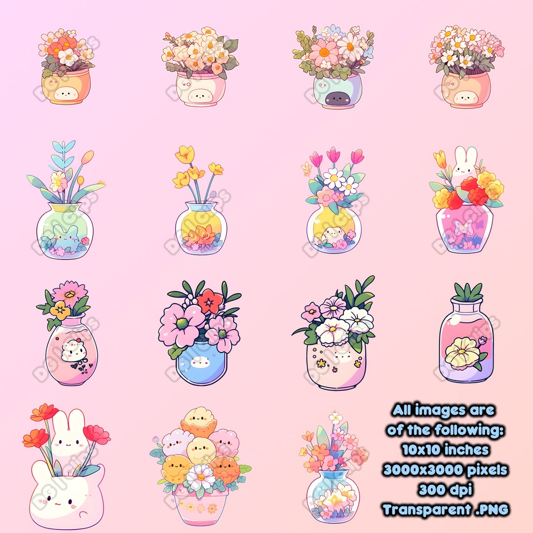 Flower Vase Clipart, PNG Bundle, Cute Kawaii Designs, Floral Clipart ...