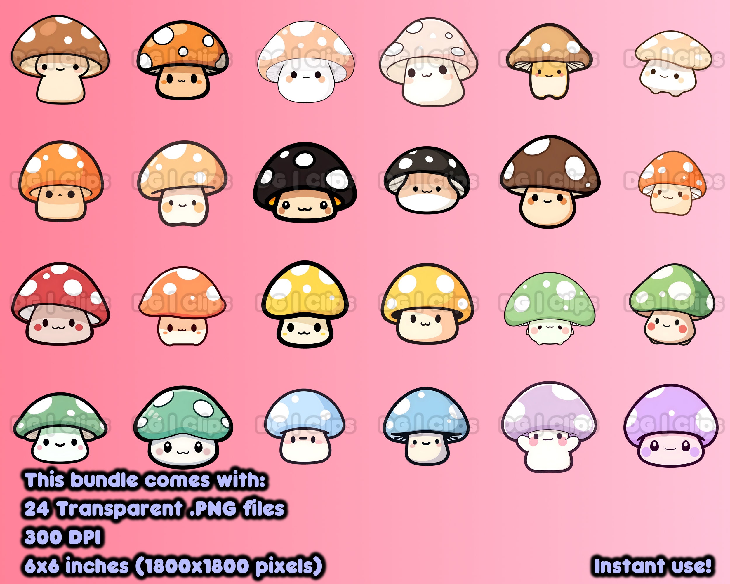 Cute Mushroom Clipart, 24 PNG Bundle, Cute Kawaii Fungi Designs ...