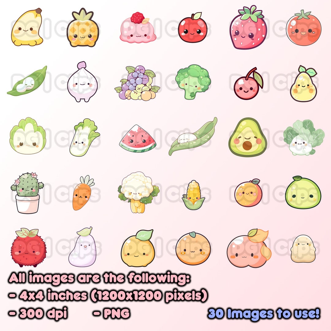 Kawaii Food Clipart, 30 Fruits and Vegetables PNG Bundle, Cute Kawaii ...