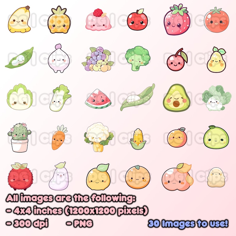 Kawaii Food Clipart, 30 Fruits and Vegetables PNG Bundle, Cute Kawaii ...