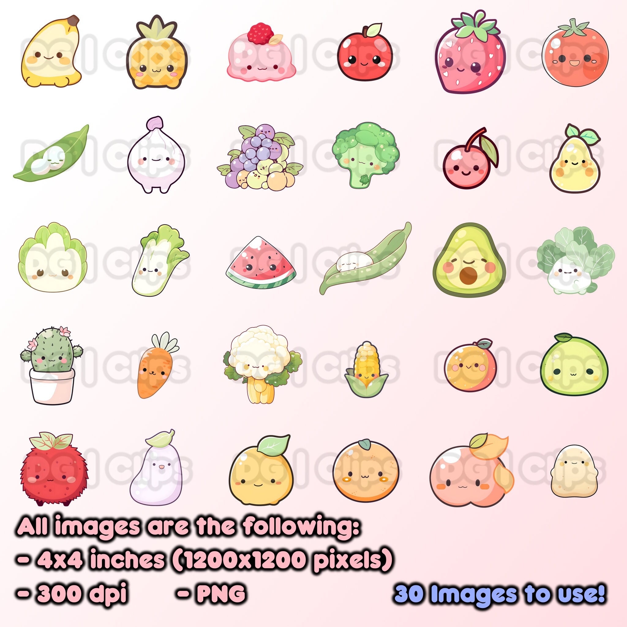 Kawaii Food Clipart, 30 Fruits and Vegetables PNG Bundle, Cute Kawaii ...