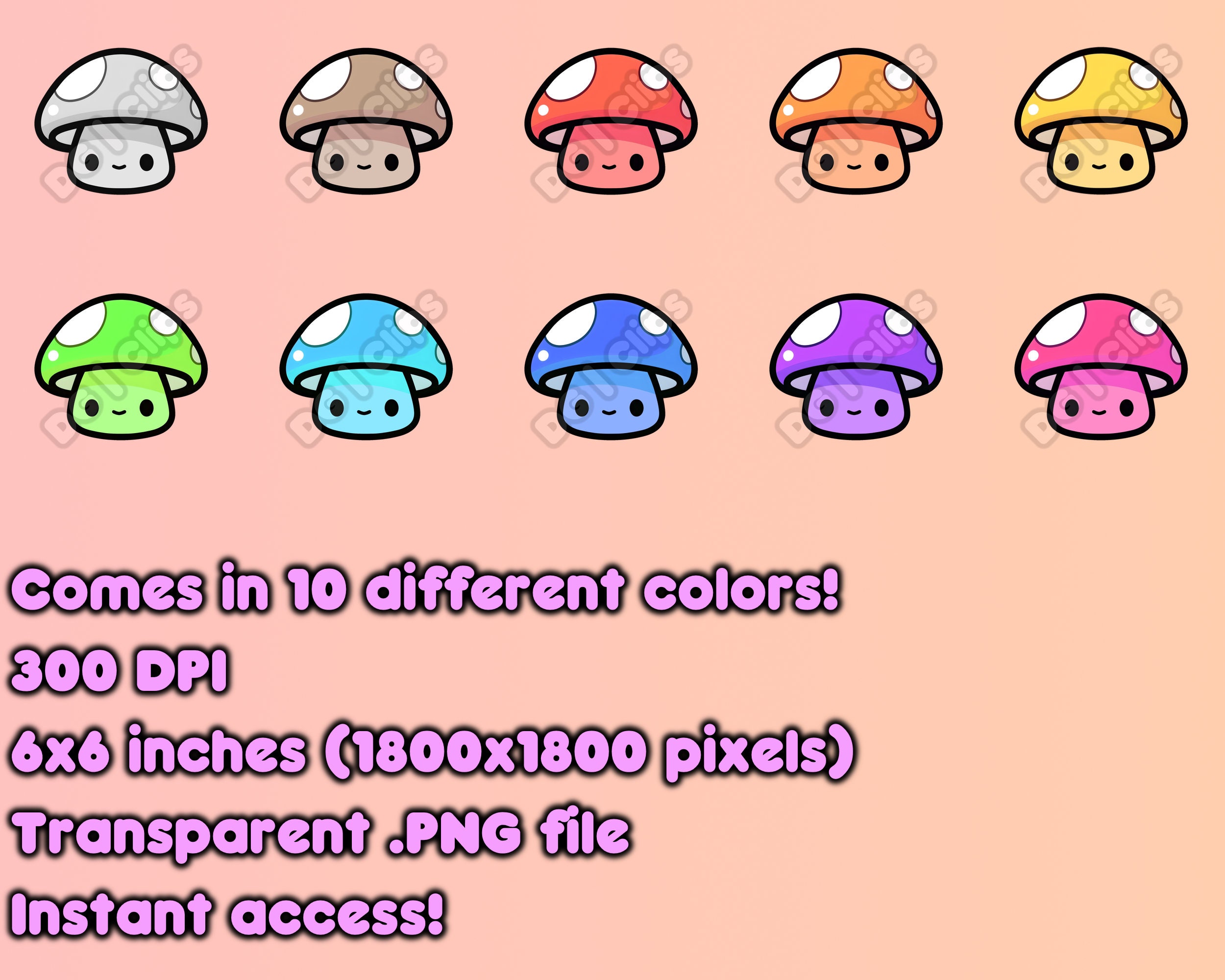 Cute Mushroom Clipart, 10 Colors PNG Bundle, Single Kawaii Fungi Design ...