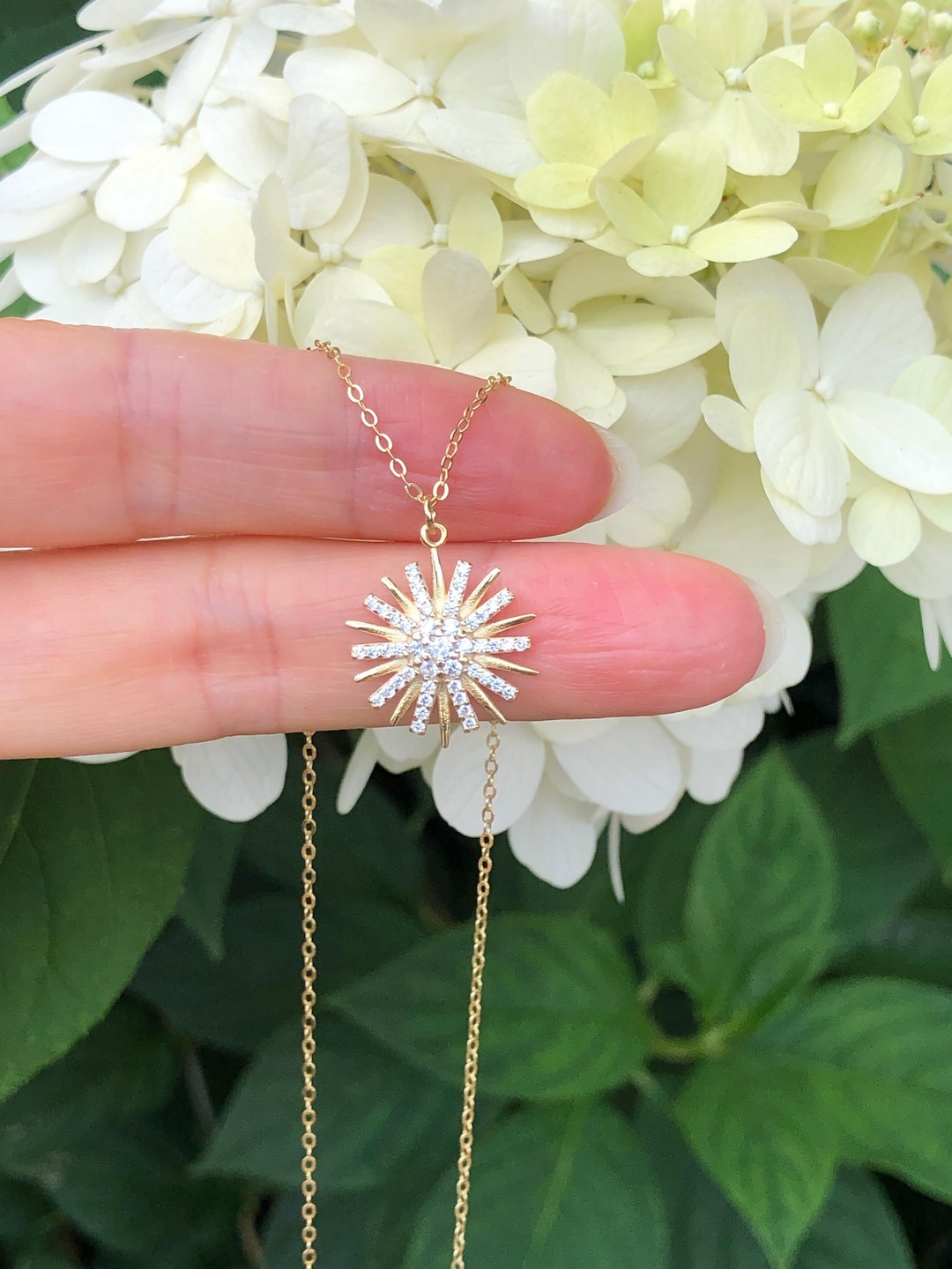 15mm/0.59in Gold Sunburst Necklace Sterling Silver 925, Cubic Zirconia ...