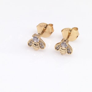 6mm Tiny Gold Bumble Bee Stud Earrings 925 Sterling Silver, Dainty Bee Studs, Cubic Zirconia Bee ...