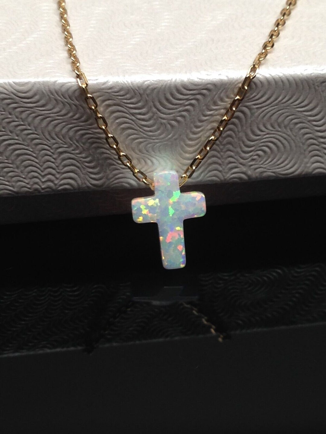 9.5mm White Opal Cross Necklace 925 Sterling Silver, Small Tiny Opal ...