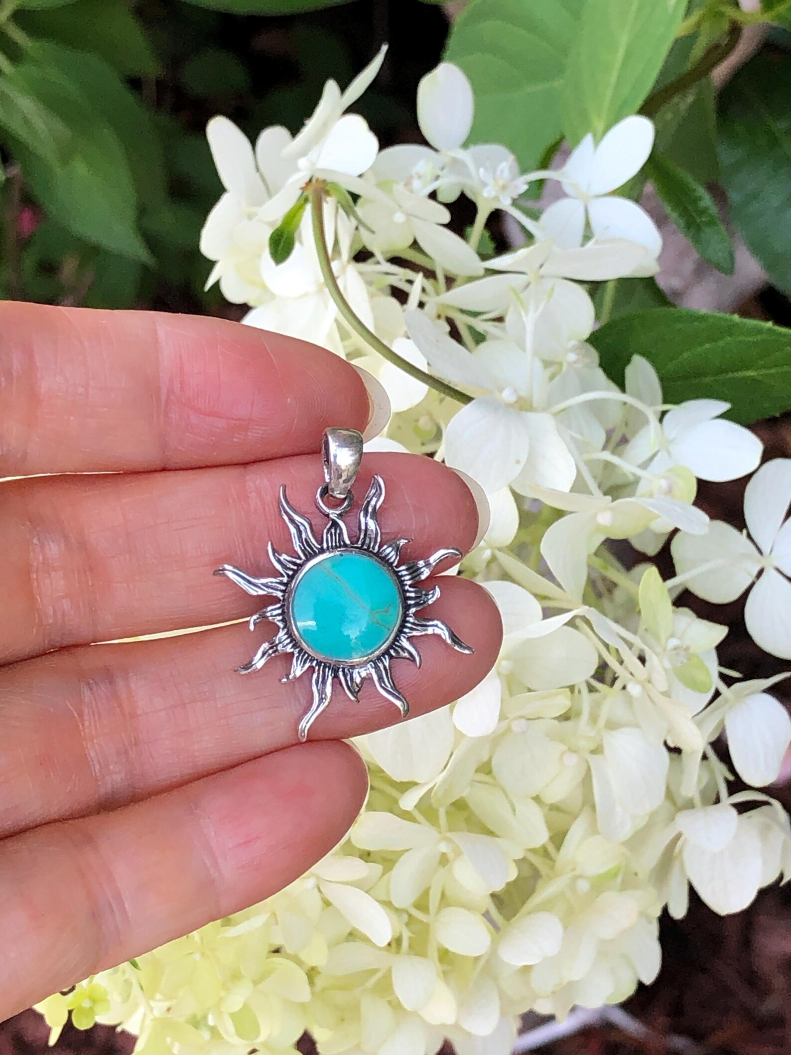 24mm/0.94in Silver Turquoise Pendant Sterling Silver 925, Sunburst Sun ...
