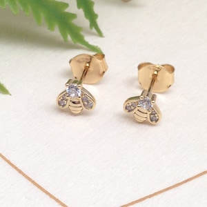 6mm Tiny Gold Bumble Bee Stud Earrings 925 Sterling Silver, Dainty Bee Studs, Cubic Zirconia Bee ...