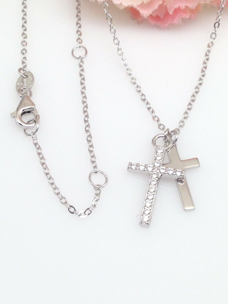 0.59in Cz Double Cross Necklace 925 Sterling Silver, Plain and Cz Cross ...