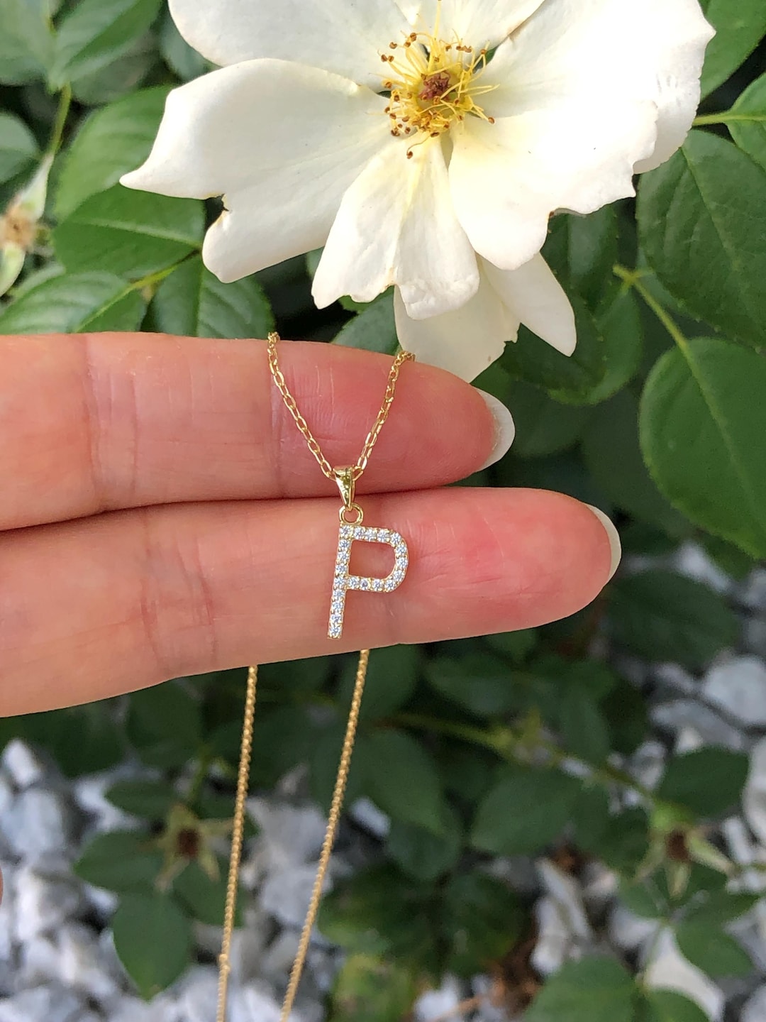 11mm Gold Initial P Necklace Sterling Silver 925, Gold Plated Initial ...