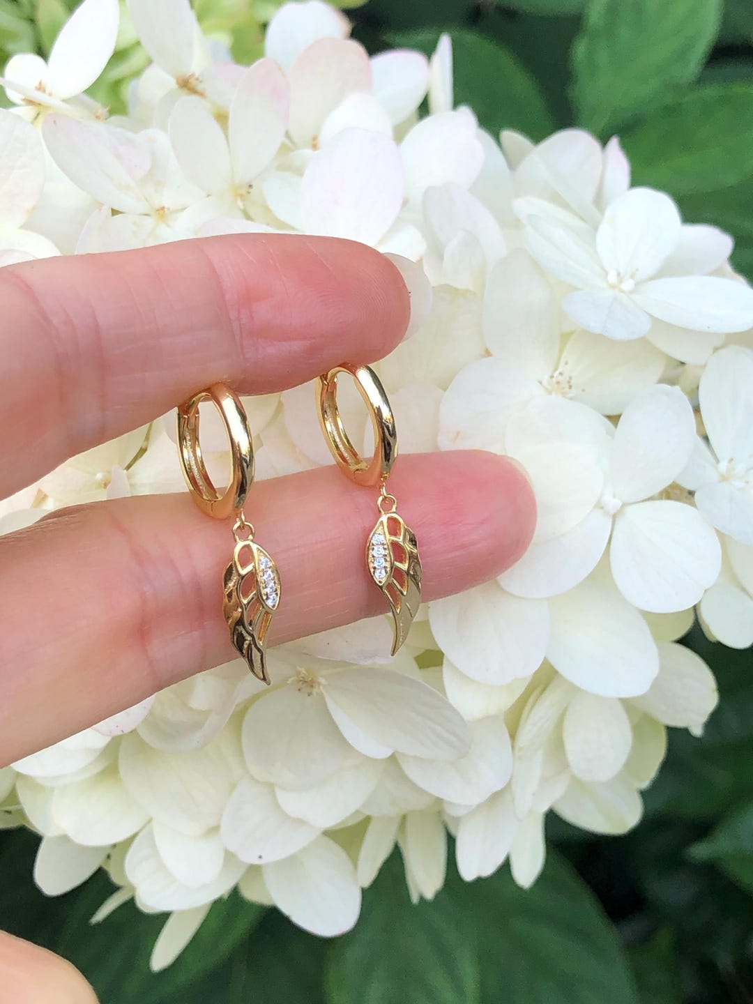 28mm/1.1in Gold Angel Wing Dangle Huggie Hoop Earrings Sterling Silver ...