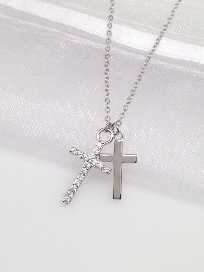 0.59in Cz Double Cross Necklace 925 Sterling Silver, Plain and Cz Cross ...