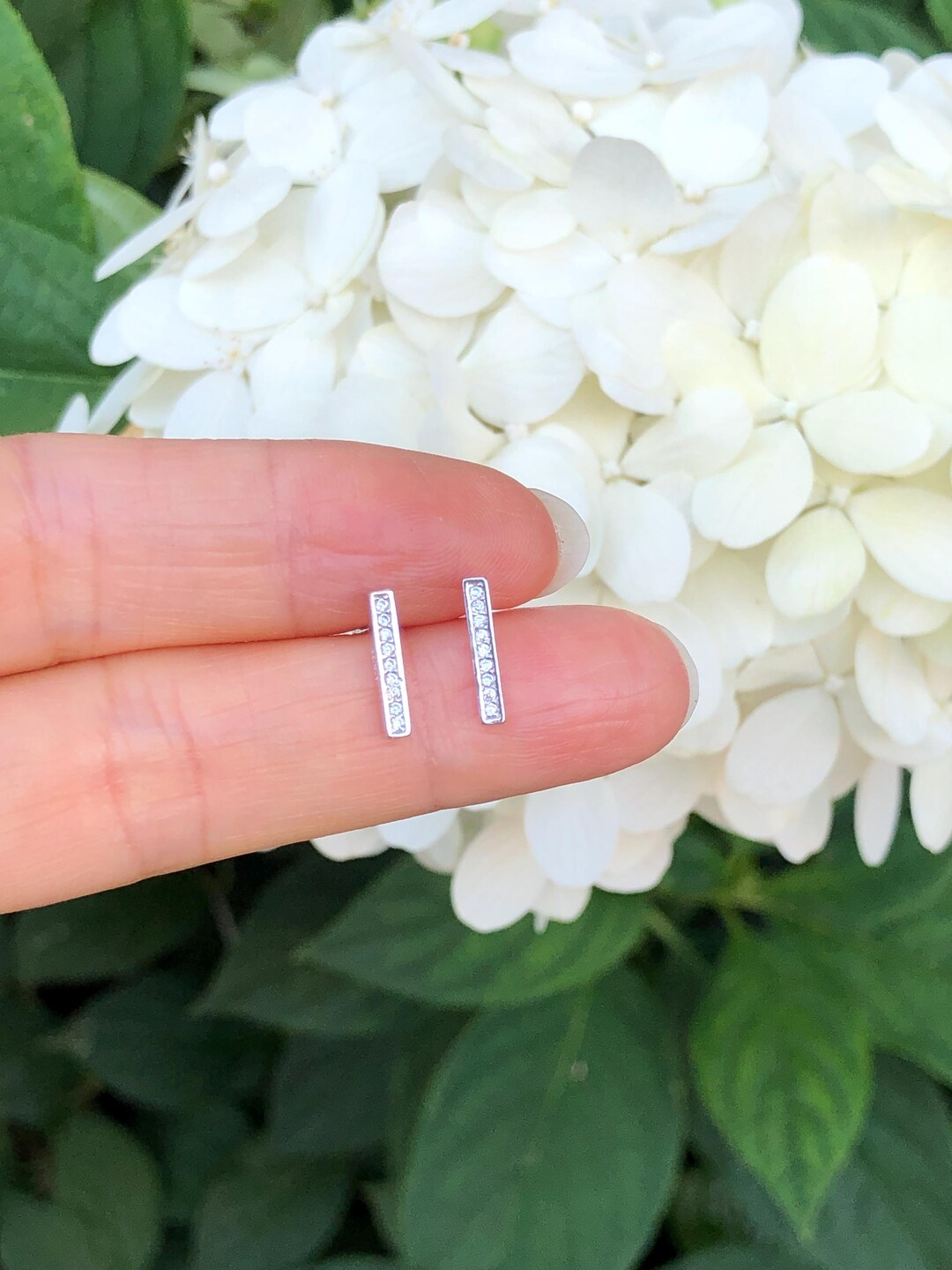 11mm/0.43in Tiny Bar Stud Earrings Sterling Silver 925, Cubic Zirconia ...