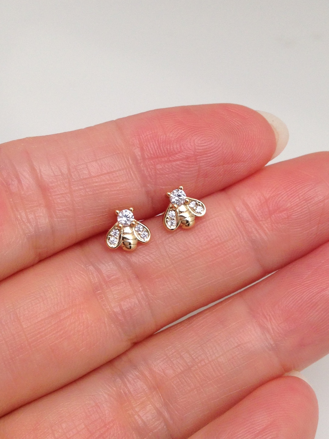 6mm Tiny Gold Bumble Bee Stud Earrings 925 Sterling Silver, Dainty Bee Studs, Cubic Zirconia Bee ...