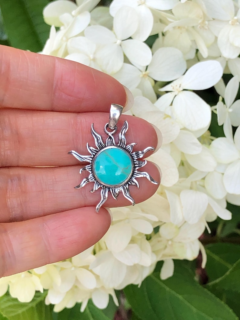 24mm/0.94in Silver Turquoise Pendant Sterling Silver 925, Sunburst Sun ...