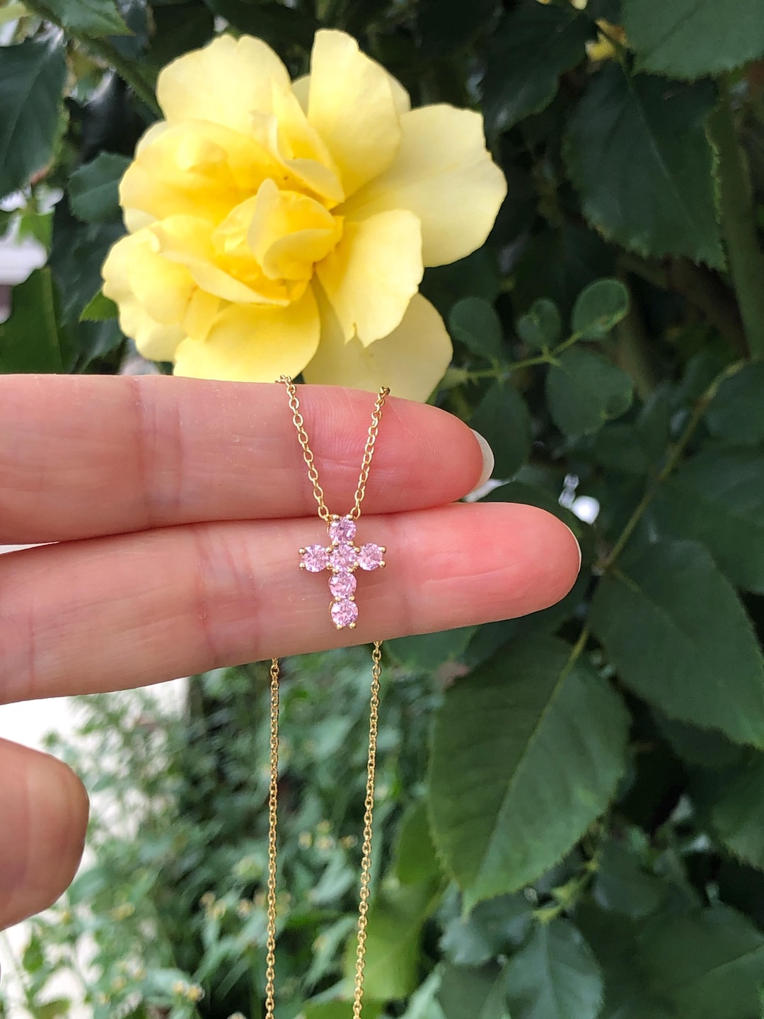 13mm/0.51in Pink Cross Necklace Sterling Silver 925, Gold Plated, Pave ...