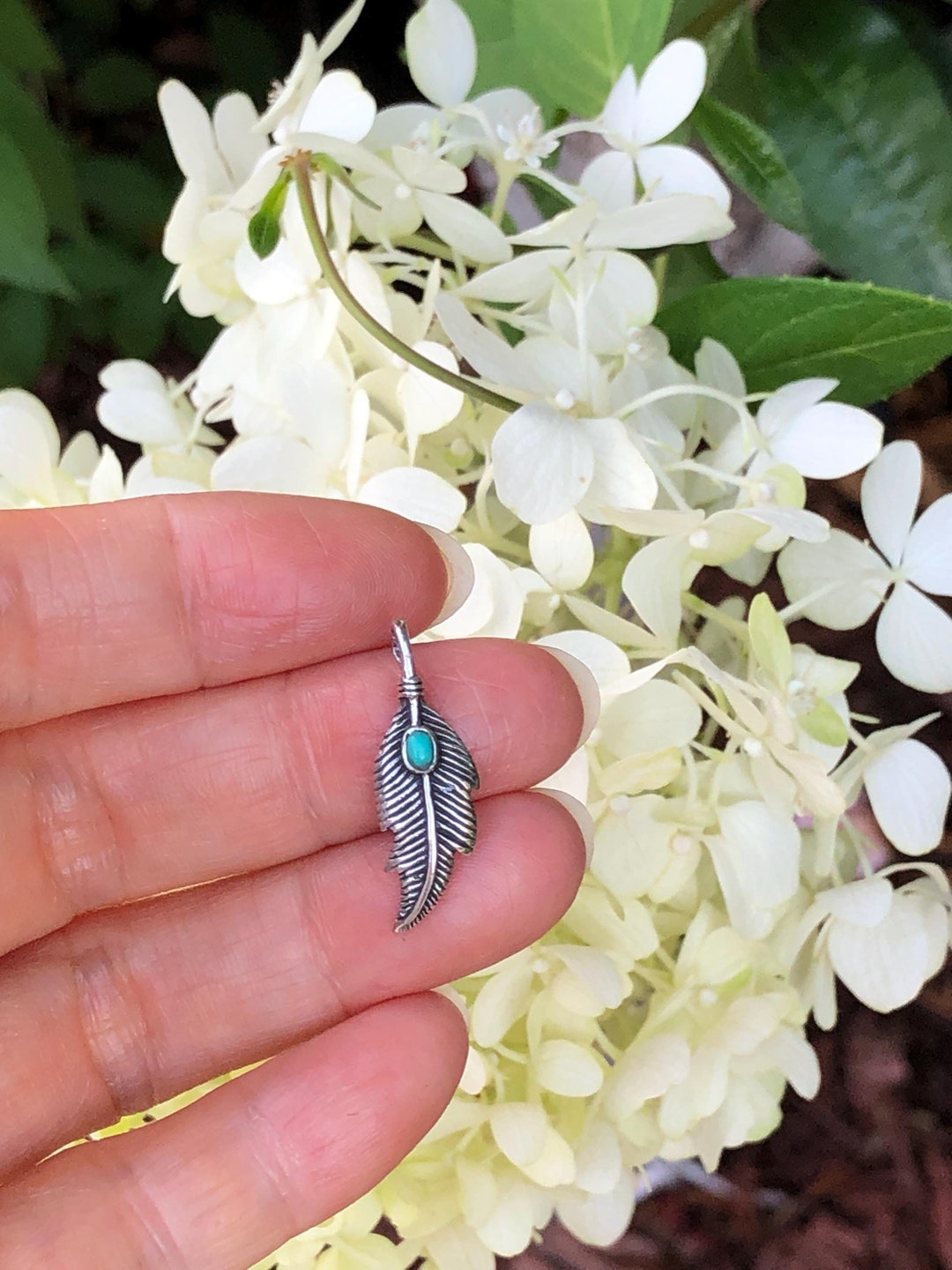 19mm/0.75in Turquoise Feather Pendant Sterling Silver 925, Silver ...