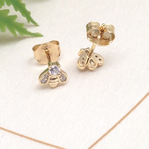 6mm Tiny Gold Bumble Bee Stud Earrings 925 Sterling Silver, Dainty Bee Studs, Cubic Zirconia Bee ...