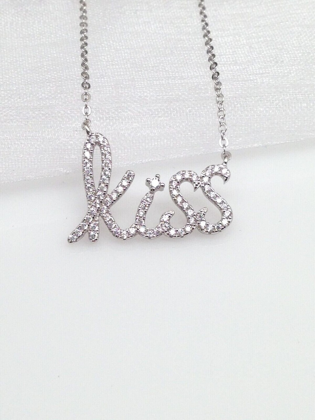 0.83in Cz kiss Necklace 925 Sterling Silver, Word Letter kiss Sideways ...