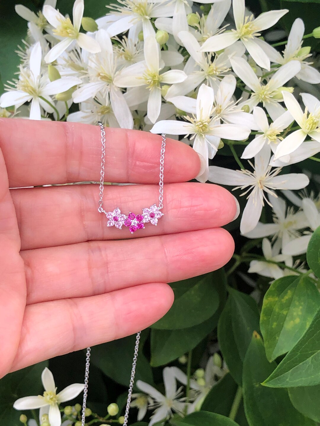 16mm/0.63in Silver Pink Flower Necklace Sterling Silver 925, Cubic ...