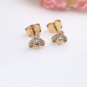 6mm Tiny Gold Bumble Bee Stud Earrings 925 Sterling Silver, Dainty Bee Studs, Cubic Zirconia Bee ...