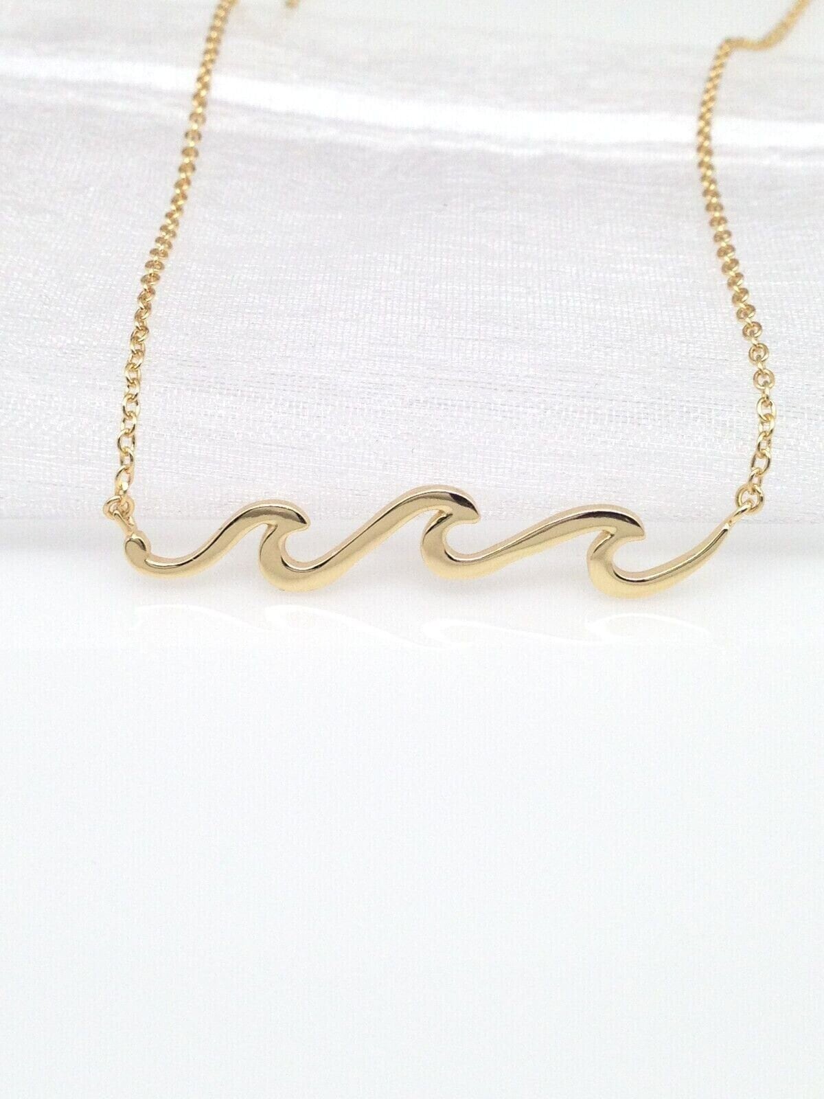 1.30in Gold Ocean Wave Necklace 925 Sterling Silver, Long Wave Pendant ...