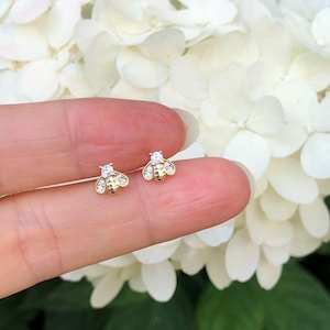 6mm Tiny Gold Bumble Bee Stud Earrings 925 Sterling Silver, Dainty Bee Studs, Cubic Zirconia Bee ...