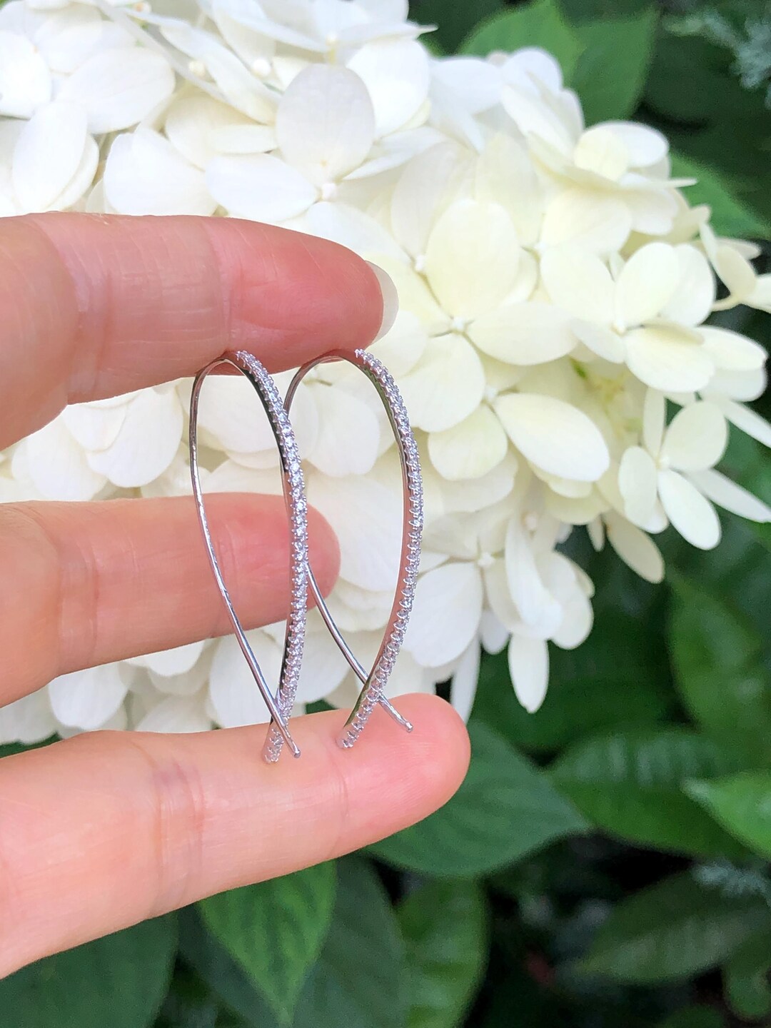 1.57in Fish Hoop Threader Earrings 925 Sterling Silver, Pave Oval Hoop ...