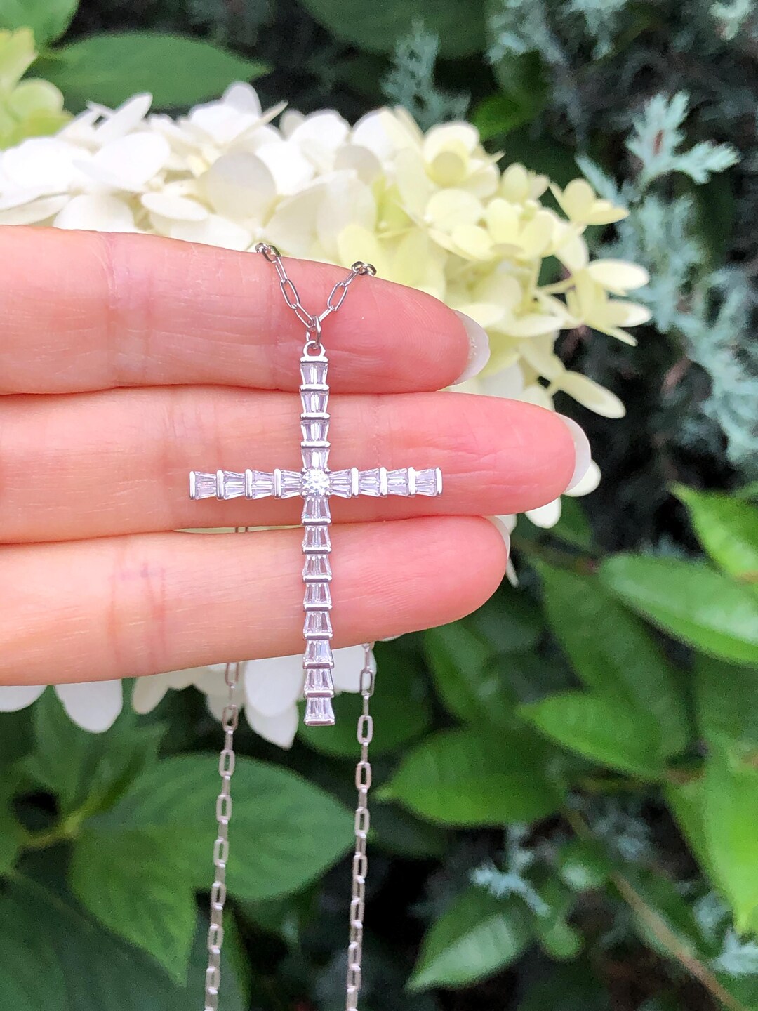 40mm/1.57in Cross Necklace Sterling Silver 925, Baguette Cubic Zirconia ...