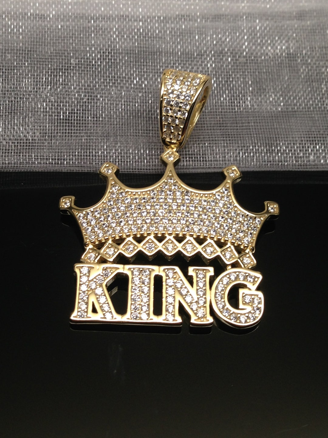 0.93in Gold Crown King Pendant 925 Sterling Silver, Cubic Zirconia ...