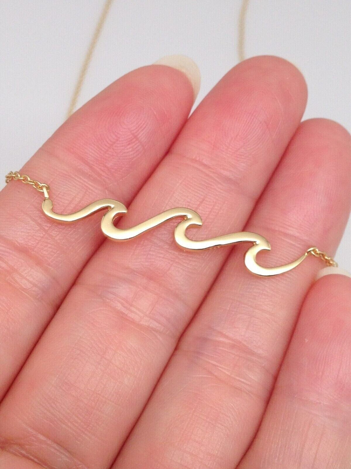 1.30in Gold Ocean Wave Necklace 925 Sterling Silver, Long Wave Pendant ...