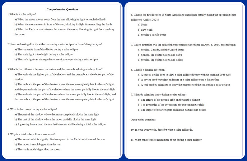 Reading Comprehension With Vocabulary and Questions. Solar Eclipse ...