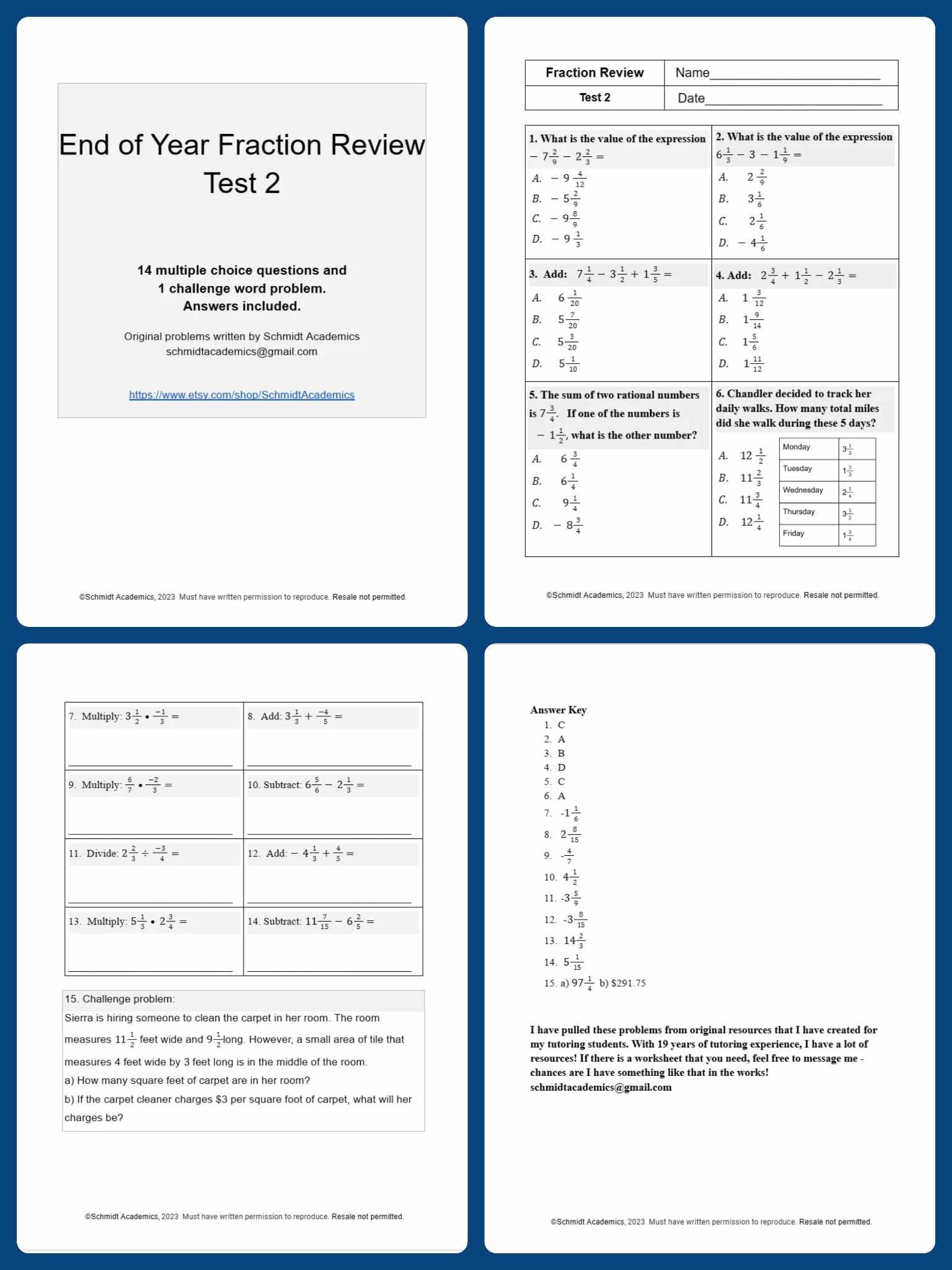 7th Grade Fraction Review Test 2 - Etsy
