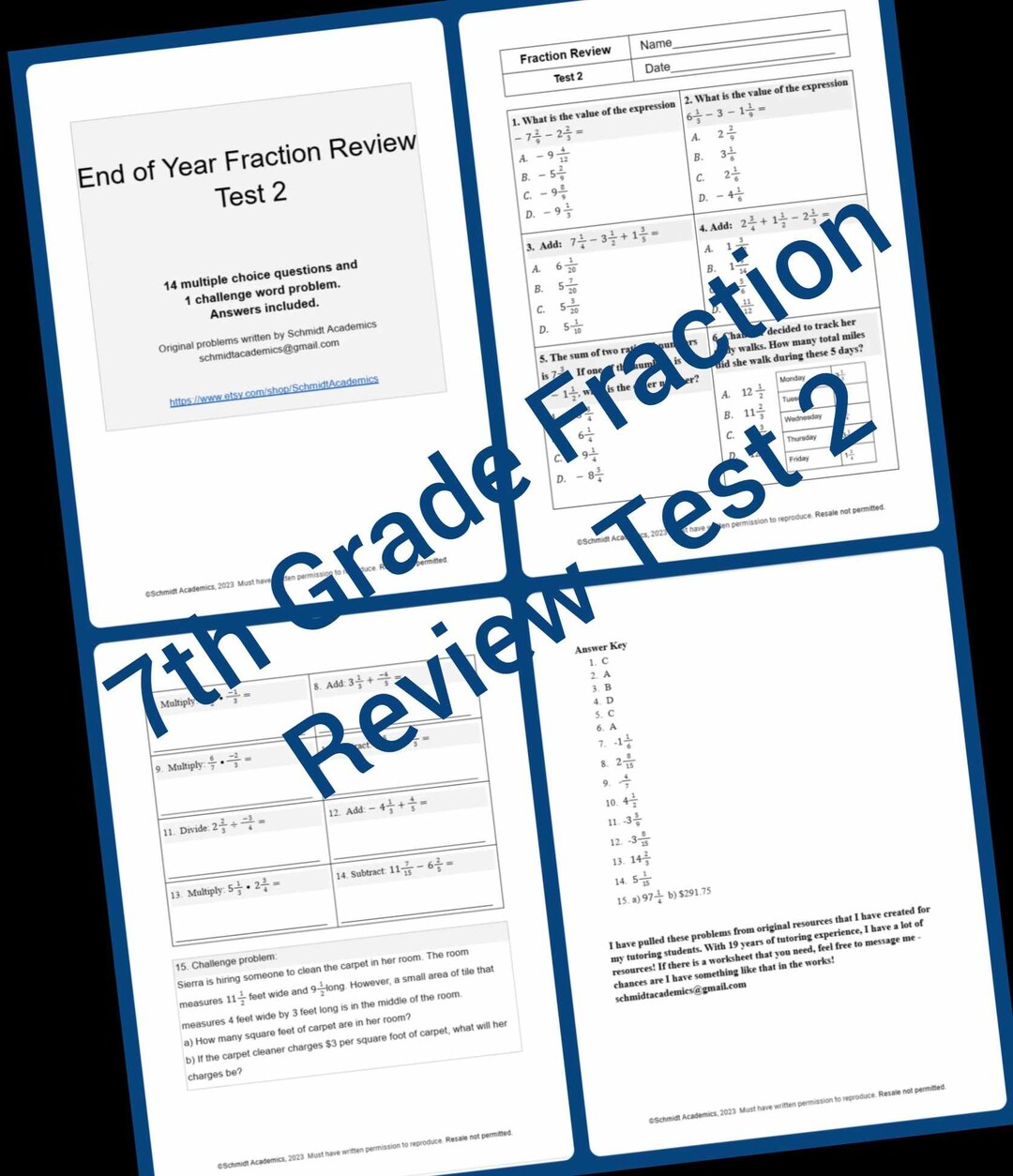7th Grade Fraction Review Test 2 - Etsy