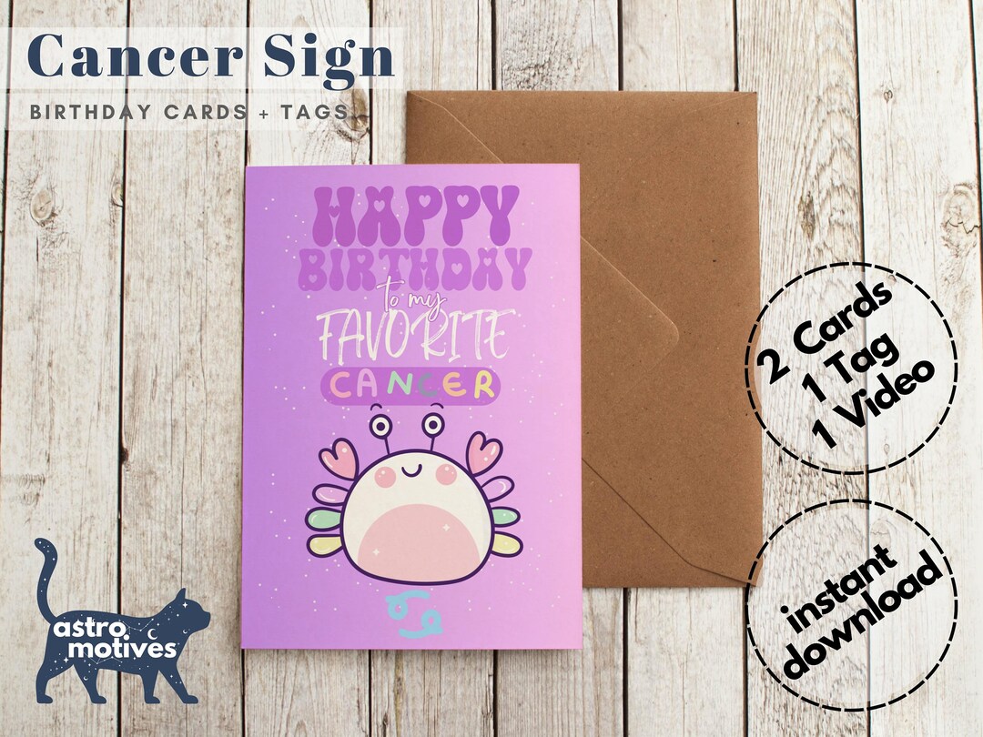 Cancer Sign Birthday Card Pink Birthday Card Tag Printable Pink ...