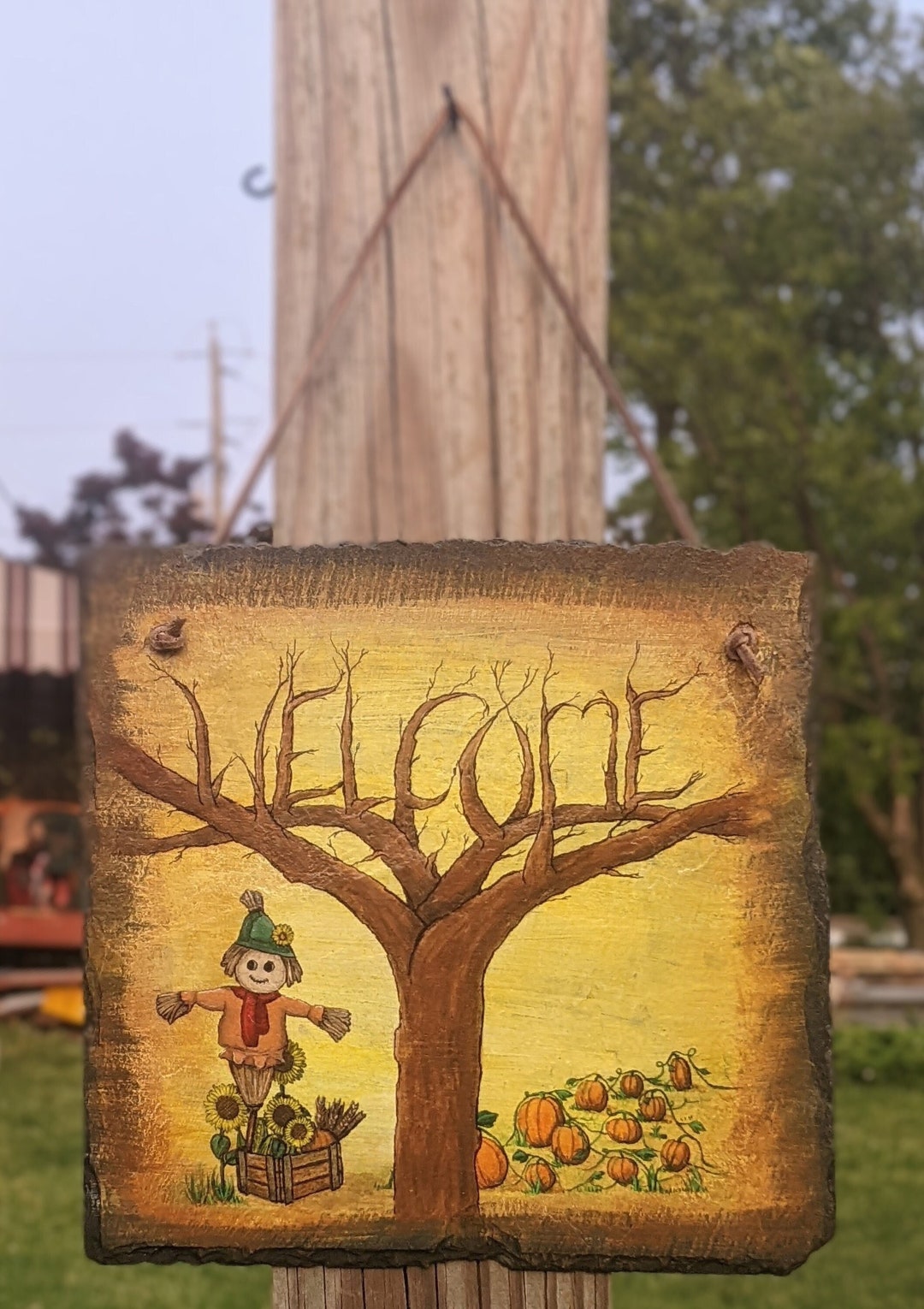 Rustic Fall Welcome Slate - Hand-painted Harvest Decor on 1800's Barn ...