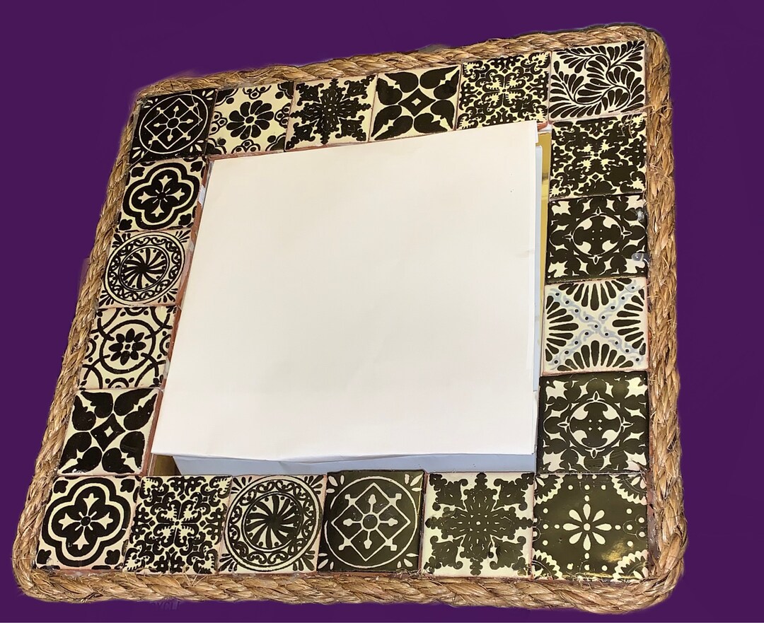Handmade Talavera Tile Mirror: Black and White, Hemp Rope Frame - Etsy