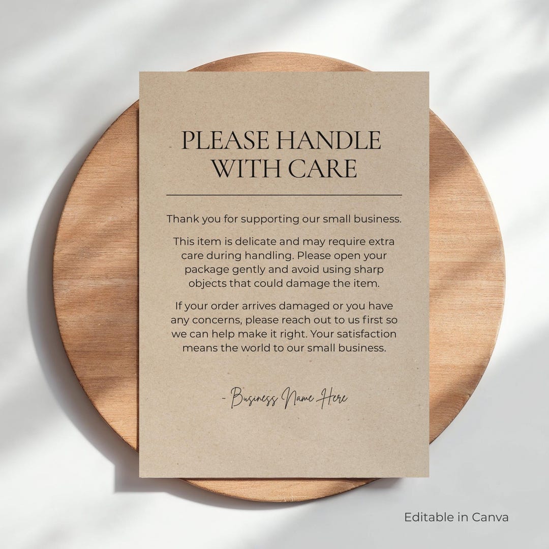Handle With Care Card Template | Small Business Packaging Insert (canva ...