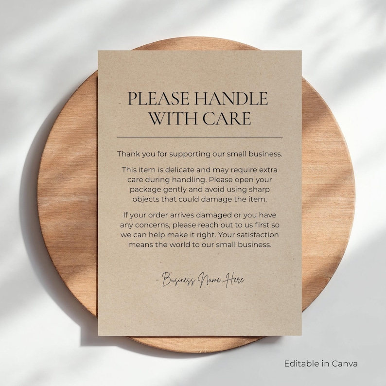 Handle With Care Card Template | Small Business Packaging Insert (canva ...