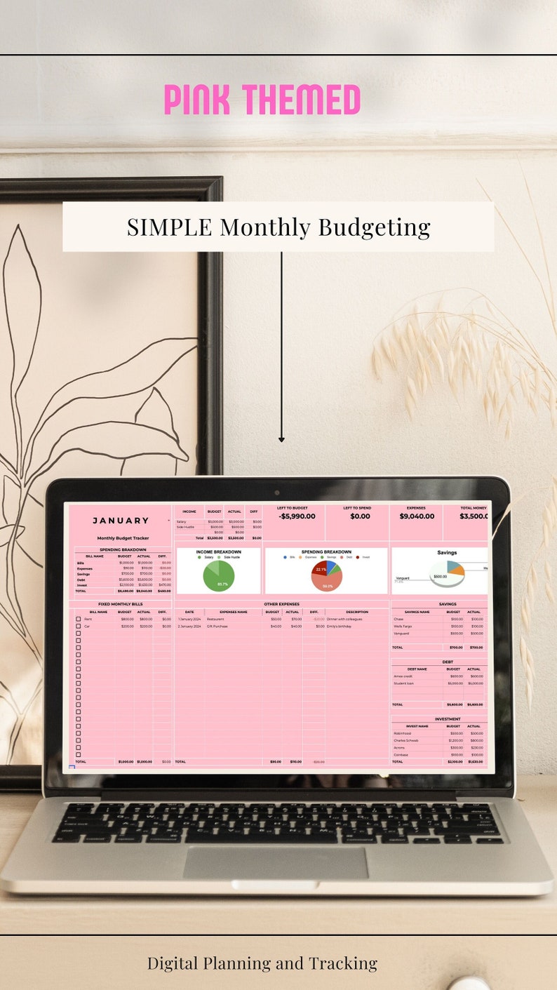 Pink Monthly Budget Spreadsheet: Google Sheets Financial Planner ...