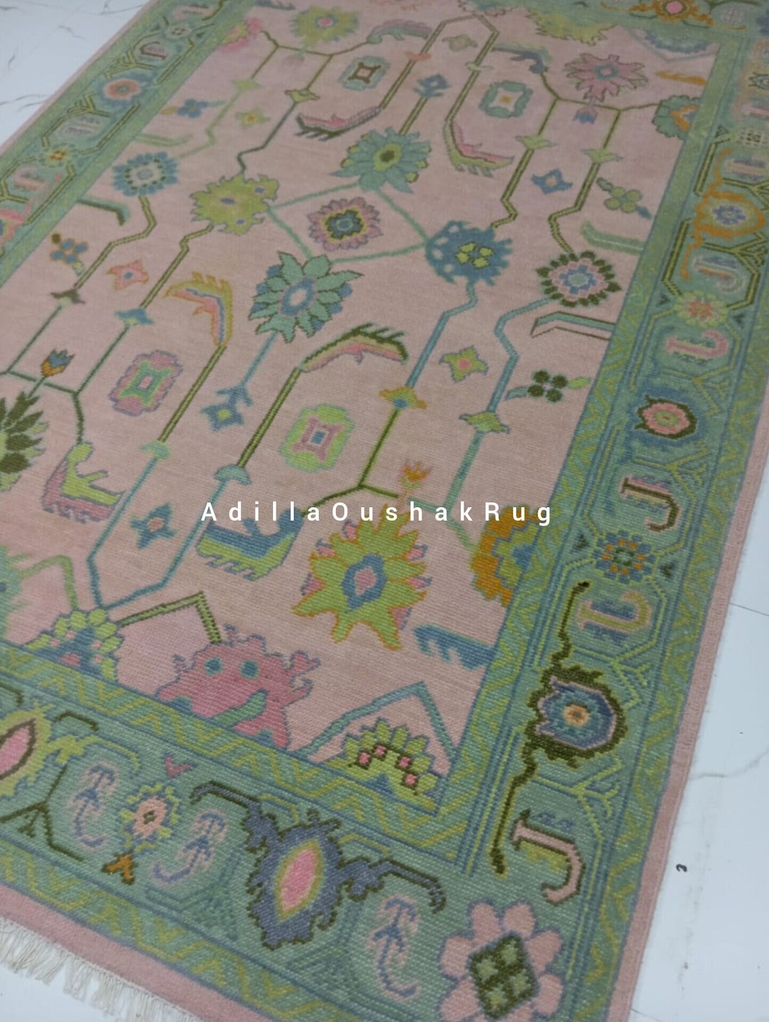 Pink & Green Oushak Rug: Vintage Turkish Wool Area Rug - Etsy