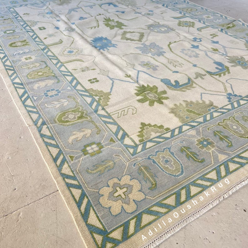 RUNNER OUSHAK Hallway Runner, White Green Accent Blue Oushak Rug Living ...